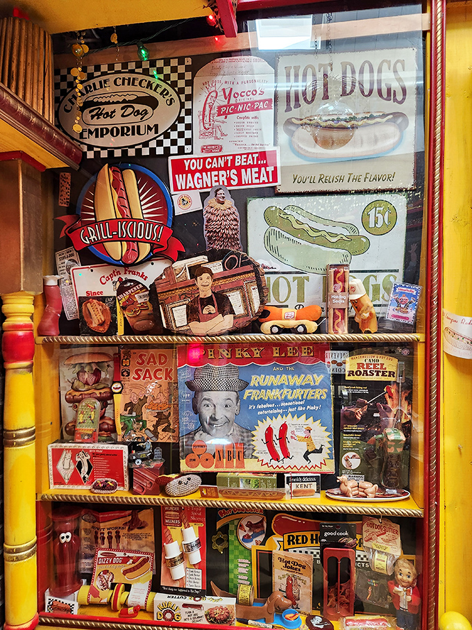 This isn't just decor&mdash;it's a shrine to hot dog history. The vintage signs and collectibles create a museum-like atmosphere that celebrates the humble frankfurter.