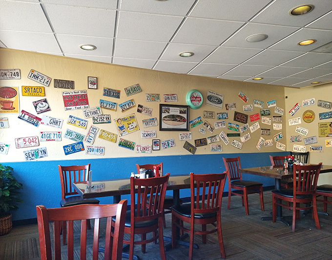 The license plate wall tells stories of travelers who found their way here. Each one represents someone who left with a full stomach and happy heart.