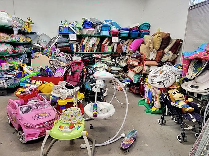 The children's section is a wonderland of gently-loved toys. That pink car probably has better mileage than whatever you drove here in.