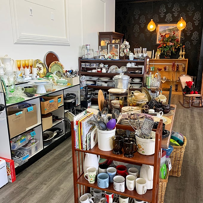 Kitchen corner that proves one person's "we got new dishes" is another's "found the perfect vintage set!" Mugs with personality for days.