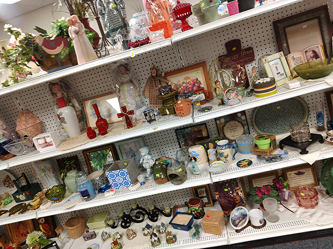 Knick-knack shelves that make your grandmother's curio cabinet look minimalist. Somewhere in this organized chaos is the perfect paperweight you never knew you wanted.