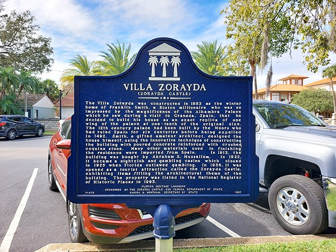 History in blue and white: Villa Zorayda's landmark plaque reveals its fascinating origins as a winter home inspired by Spain's Alhambra Palace.