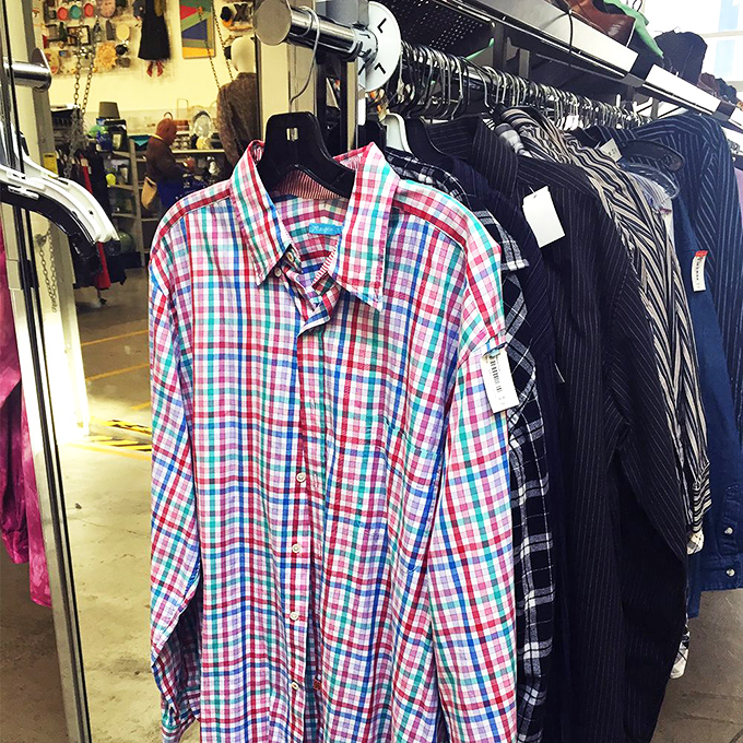The shirt department: where plaid dreams come true. This cheerful button-up is just waiting for its second act at your next casual Friday.