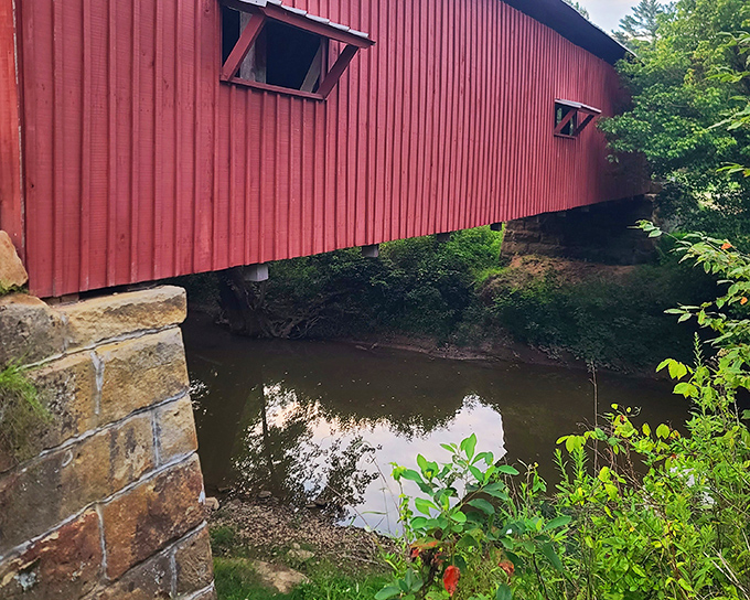 The bridge's vibrant red siding stands in stark contrast to the lush greenery, a man-made exclamation point in nature's paragraph.