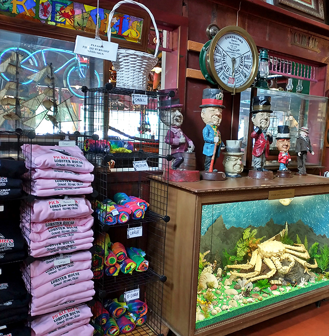 The retail corner where you can take home a piece of Pickle Bill's magic. That fish tank reminds you where your dinner started its journey.