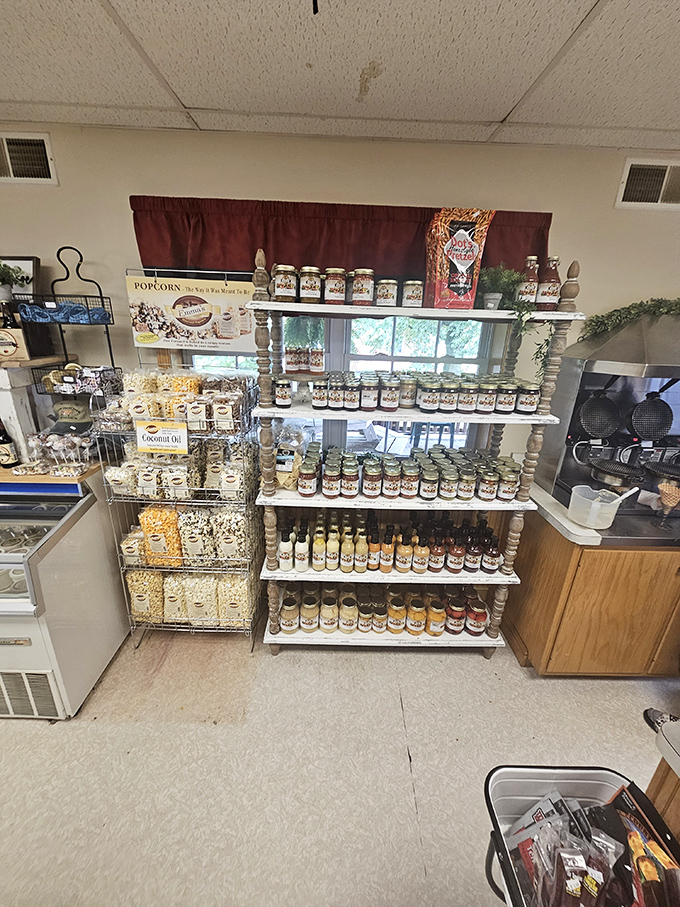 A treasure trove of homemade goods lines the shelves&mdash;jams, popcorn, and other farm-made delights to take home when the ice cream's gone.