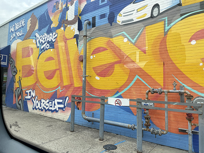 "Prepare to Believe in Yourself!" The mural outside reminds you that thrifting isn't just shopping &ndash; it's an act of creative optimism.