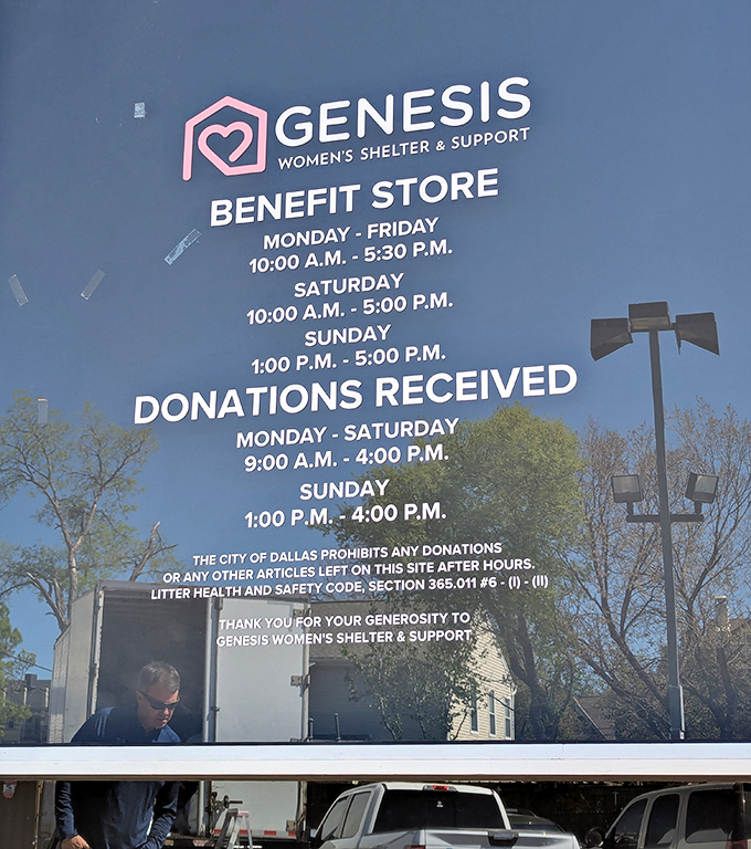 The store's mission statement and hours prominently displayed&mdash;shopping with purpose never looked so organized or accessible.