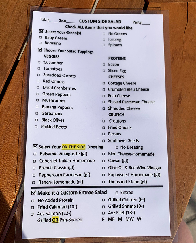 The custom salad form isn't just a menu&mdash;it's an invitation to create your own masterpiece. Baby greens await your artistic direction.