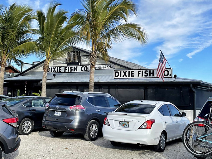 Palm trees and parking spaces frame this slice of authentic Florida dining at its finest.