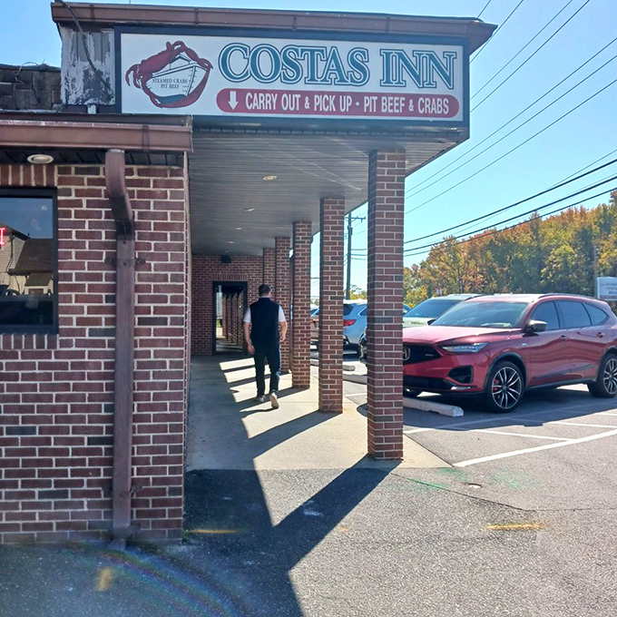 The entrance beckons with promises of "Carry Out & Pick Up" &ndash; because sometimes you want to enjoy those famous crabs at home.