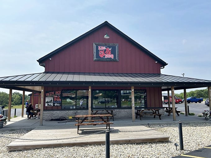 The exterior view that's caused many a driver to slam on their brakes. That red barn has become a pilgrimage site for meat lovers.