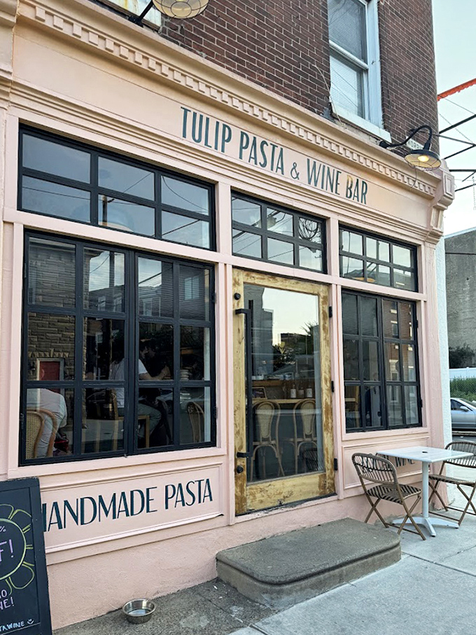 The inviting entrance with its peach-colored charm says, "Yes, we take pasta seriously, but we don't take ourselves too seriously."