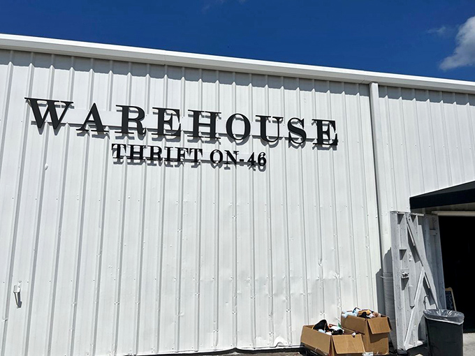 The warehouse exterior promises industrial storage but delivers retail therapy that exceeds all reasonable shopping expectations completely.