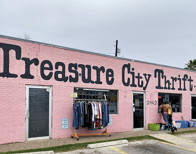 Even from the outside, Treasure City's pink walls promise adventure&mdash;a thrifting oasis where one person's discards become another's discoveries.