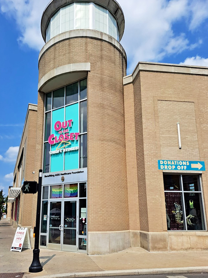 The distinctive turret entrance makes Out of the Closet an architectural standout as unique as the treasures found inside.