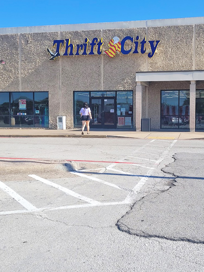 The unassuming exterior hides retail adventure within. Like a speakeasy for bargain hunters, Thrift City's plain facade is part of its charm.
