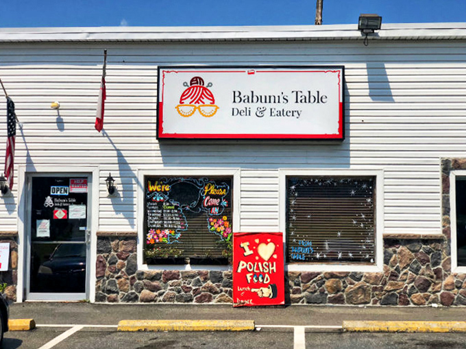 Sunshine highlights the charming fa&ccedil;ade where "I ❤️ Polish Food" isn't just a sign&mdash;it's the beginning of your own love story with pierogi.