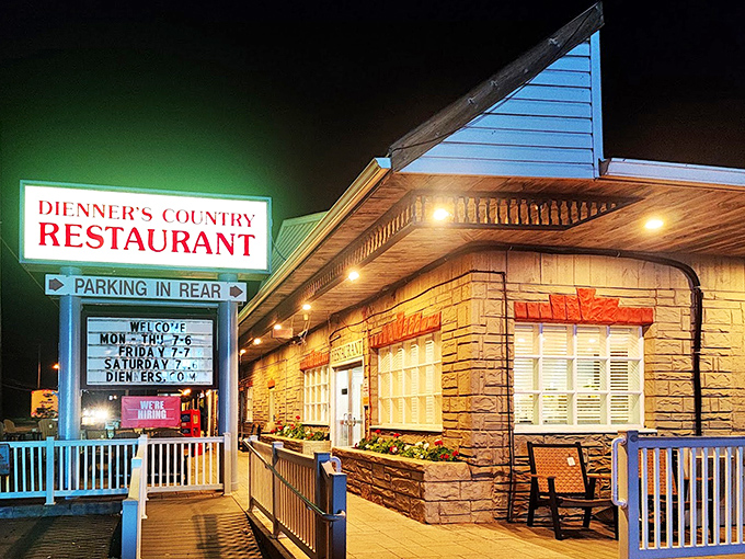 After dark, Dienner's transforms into a glowing haven of hospitality. Those porch lights have guided hungry souls for generations.