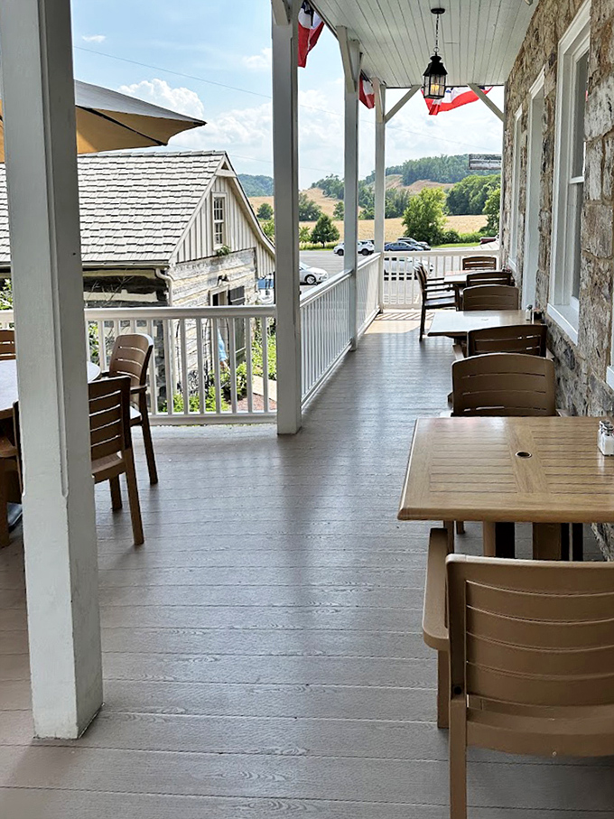 The porch offers dining with a side of Allegheny Mountain views, where rocking chairs practically beg you to linger over dessert.