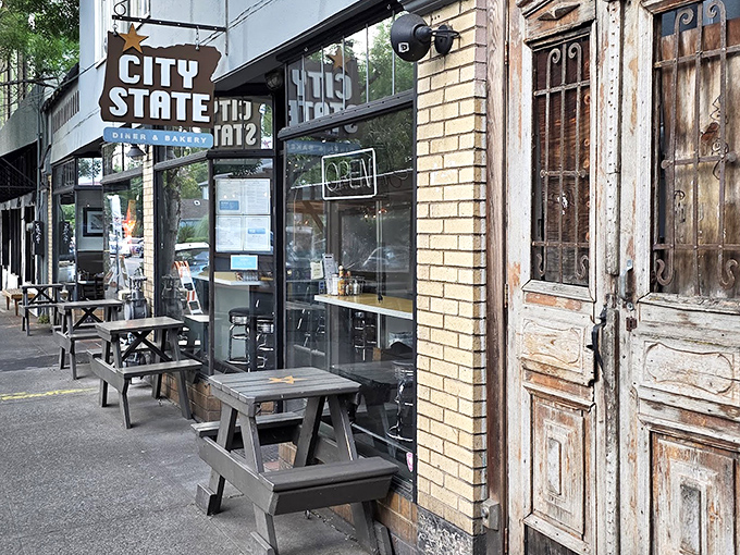 Outdoor seating for those rare Portland sunny days. Where breakfast and people-watching create the perfect Portland morning cocktail.