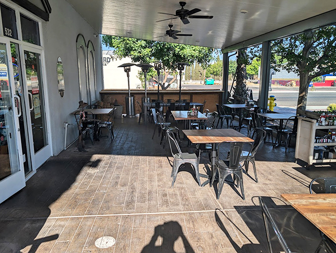 The outdoor patio offers fresh air with your fresh eggs—a shaded sanctuary where breakfast meets breeze in perfect Central Valley harmony.