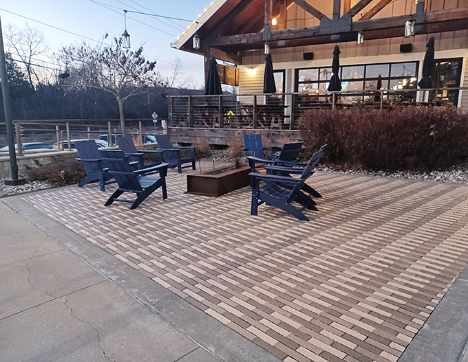 The outdoor seating area transforms ordinary evenings into memorable gatherings around the fire pit &ndash; Missouri nights at their finest.