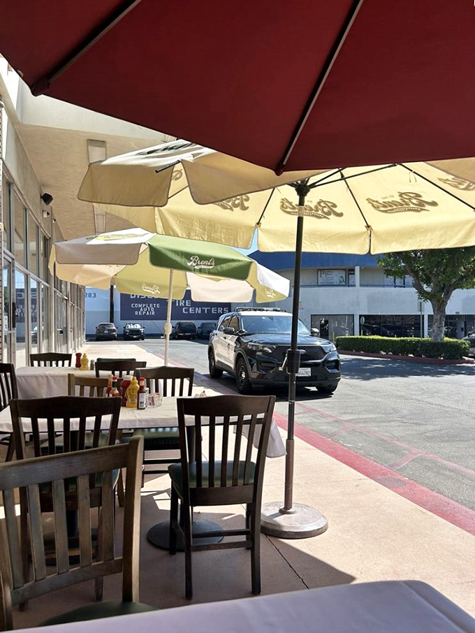 The outdoor dining area where California sunshine meets East Coast deli tradition in perfect harmony.