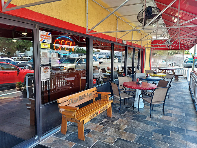 The outdoor seating area&mdash;where Florida's morning sunshine meets the aroma of bacon and coffee. Nature's perfect dining room.