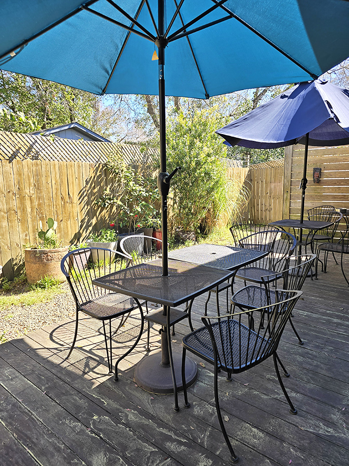 The outdoor patio offers blue-umbrella shade for those perfect South Carolina mornings. Breakfast tastes even better with a side of fresh air and birdsong.