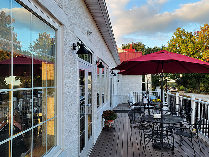 The outdoor dining deck where summer evenings stretch into memory. Some meals deserve a soundtrack of birdsong and gentle breezes.