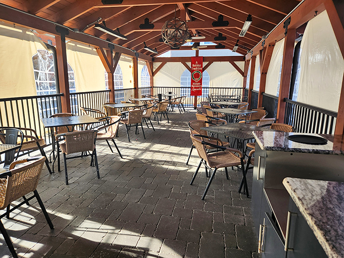 Outdoor dining that captures Lancaster's charm in every beam. This covered patio invites you to savor your crepe with a side of fresh air.