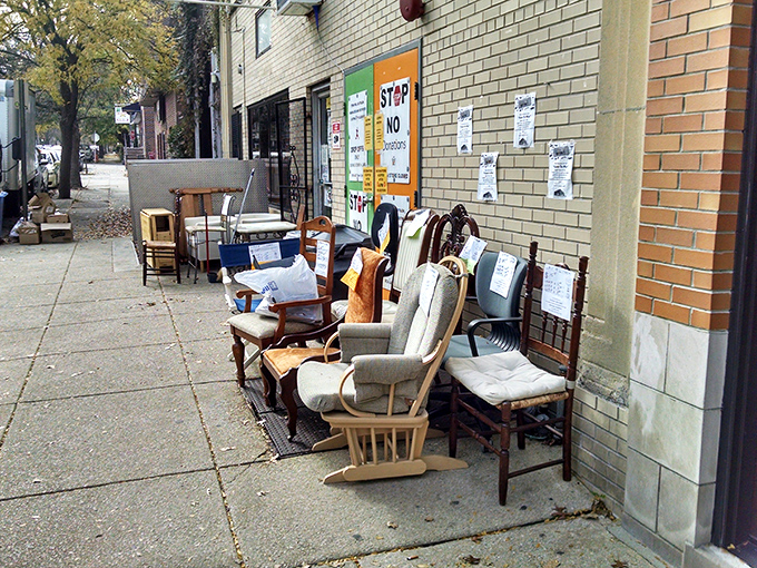 Sidewalk displays act as appetizers for the feast of finds inside&mdash;these chairs and tables basking in the Philadelphia sunshine, hoping for new homes.