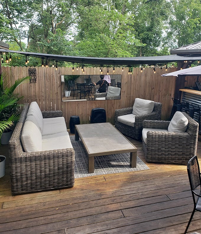 The outdoor lounge area where post-dinner conversations stretch into the night under Virginia stars.