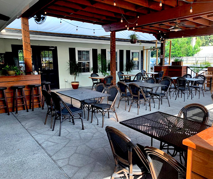 Outdoor seating where string lights and good food create the perfect recipe for happiness.