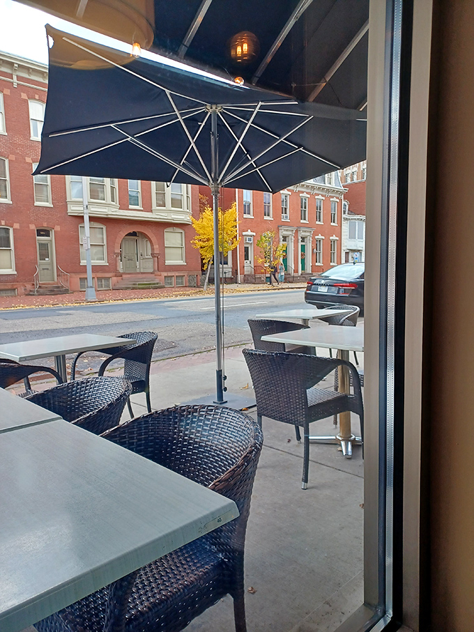 The outdoor seating area frames Harrisburg's historic architecture, turning a simple meal into an urban adventure.