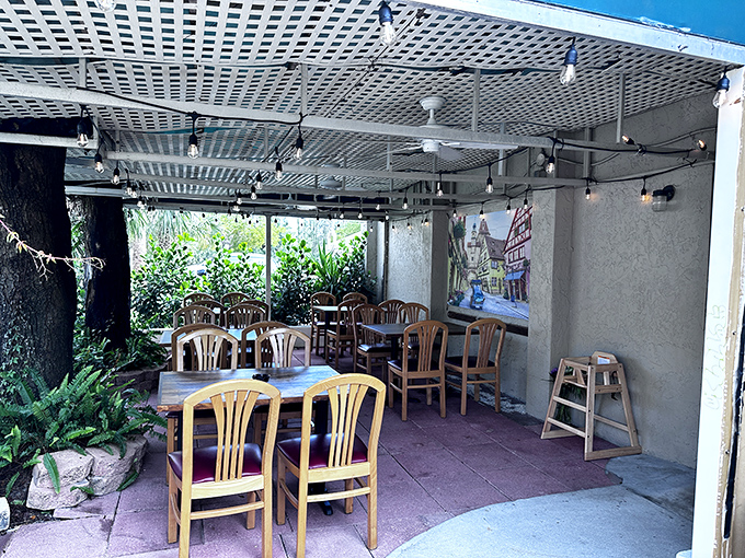 Outdoor seating that feels like a secret garden. This patio space offers a tranquil spot to enjoy your schnitzel while Florida's weather plays nice.