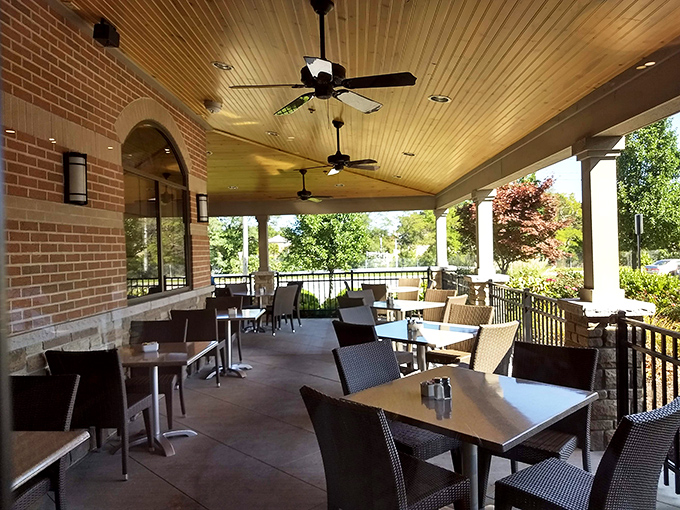 When Ohio weather cooperates, the covered patio offers al fresco dining surrounded by greenery—sandwich paradise with a side of sunshine.