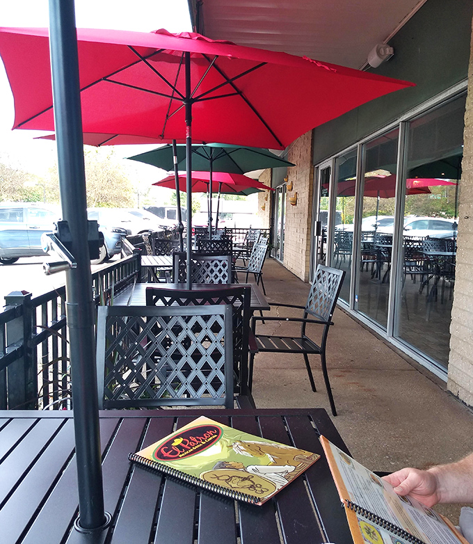 The outdoor seating area offers fresh air enthusiasts a chance to enjoy their burritos beneath cheerful umbrellas&mdash;Mexican vacation vibes included.