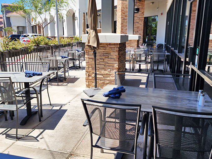 The outdoor seating area&mdash;where desert breezes meet seafood feasts, proving you don't need an ocean view to enjoy the ocean's bounty.