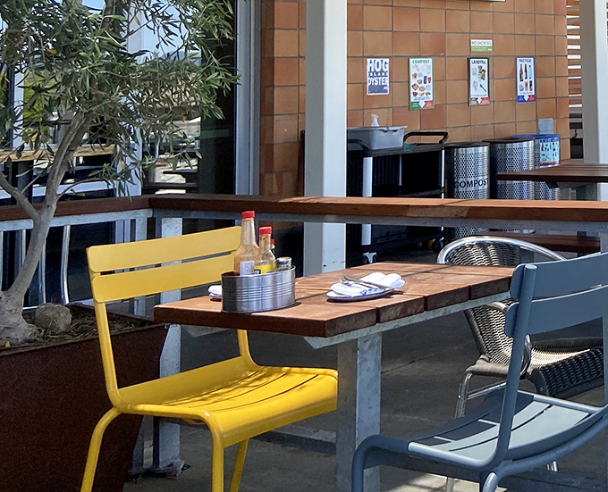 Outdoor seating where you can slurp oysters al fresco - California living at its finest.