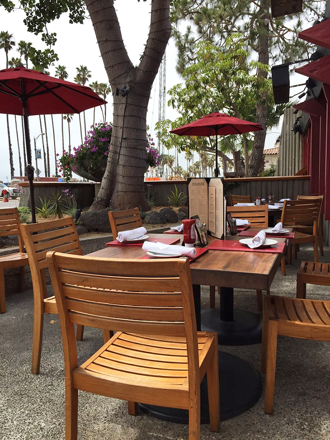 Outdoor dining under red umbrellas &ndash; where ocean breezes enhance every bite and palm trees provide nature's own dining entertainment.