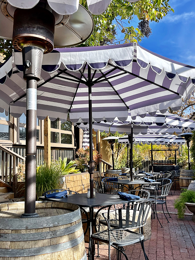 Outdoor seating that captures California's perfect weather in a bottle. Those striped umbrellas provide shade while you contemplate ordering seconds.