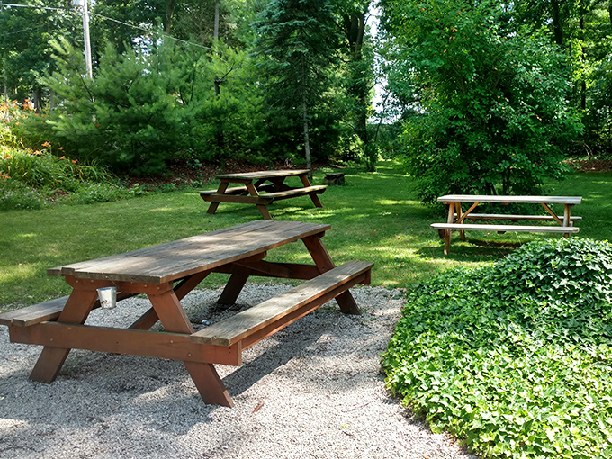 Picnic tables nestled in dappled shade offer the perfect spot to savor your sandwich while contemplating life's important questions&mdash;like dessert.