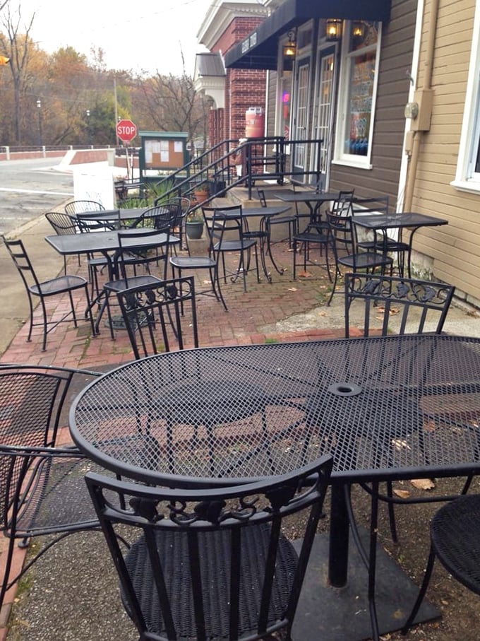 The outdoor seating area awaits fall diners, perfect for those crisp Ohio mornings when coffee steam meets autumn air.