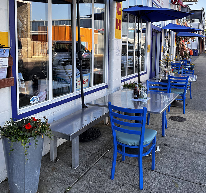 Sidewalk seating with signature blue chairs offers the perfect perch for people-watching with your seafood &ndash; because ocean views taste even better with a side of fresh air.