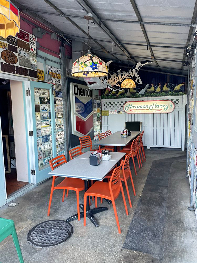 The outdoor seating area, decorated with license plates from visitors past, offers the perfect spot to people-watch while digesting your breakfast feast.
