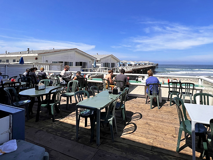 The outdoor seating area where breakfast meets ocean breeze&mdash;proving that the only thing better than Kono's food is enjoying it with a side of Pacific views.