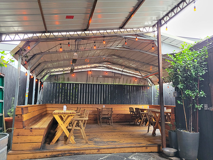 The covered patio offers a year-round outdoor option because Portlanders refuse to let a little rain come between them and a great burger.