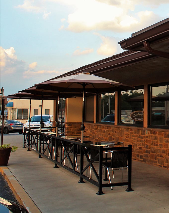 Outdoor seating for when Pennsylvania weather cooperates, which happens just often enough to make these tables a coveted summer prize.